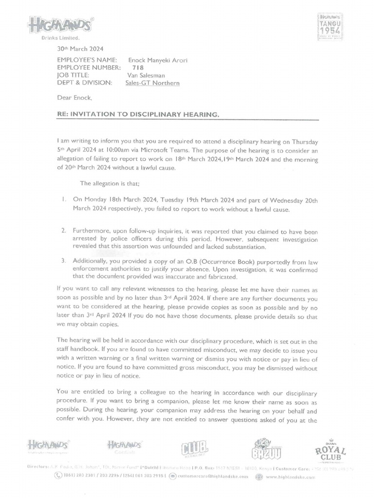 Discipliary Hearing Invitation | PDF