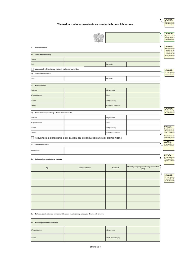 Formularz Wniosku o Wydanie Zezwolenia Na Usuniecie Drzewa Lub Krzewu Art 83b UOP Ver20230518 | PDF
