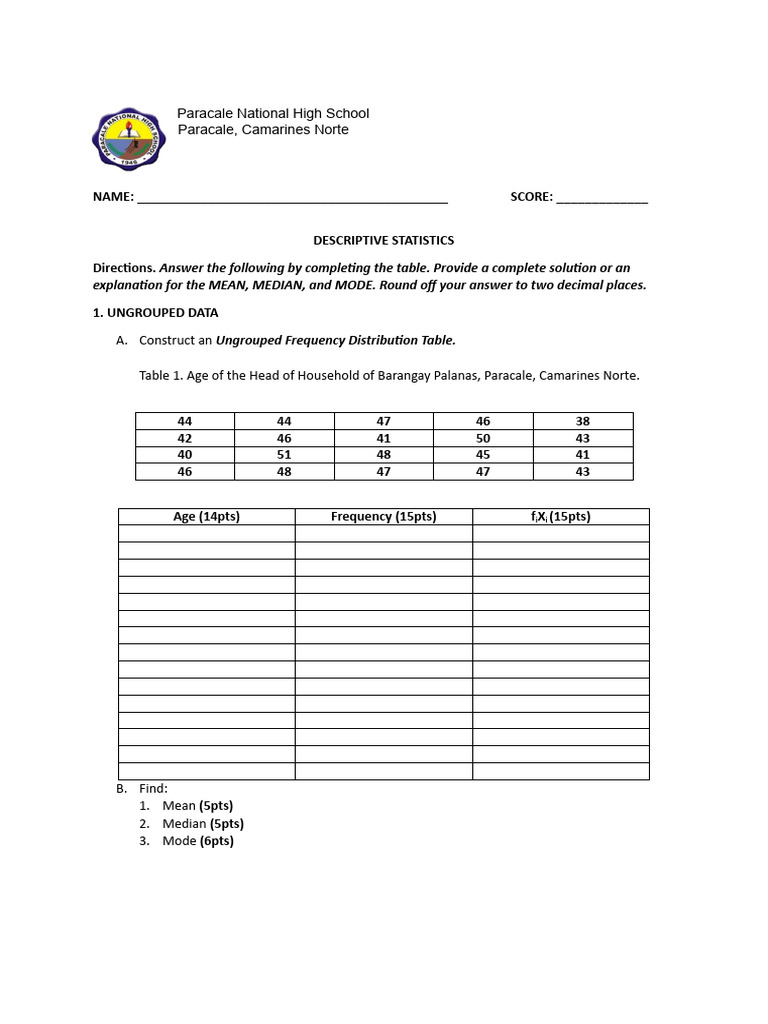 Descriptive Statistics Worksheet | PDF