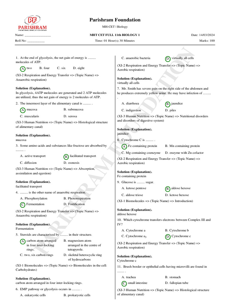 11 biology full 1 cet solution | PDF | Cellular Respiration | Glycolysis