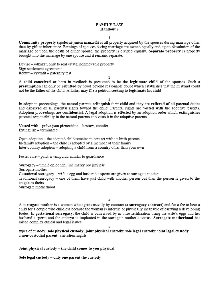 Family Law - Handout 2 | PDF | Surrogacy | Child Custody