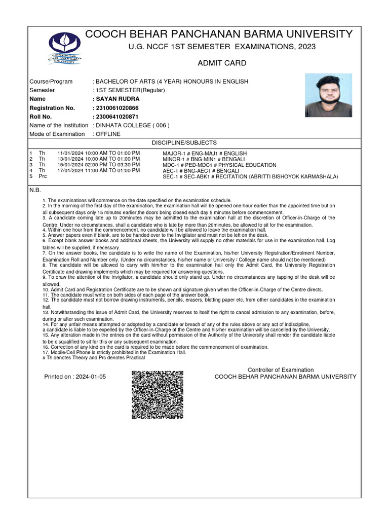 Cooch Behar Panchanan Barma University: U.G. NCCF 1St Semester ...