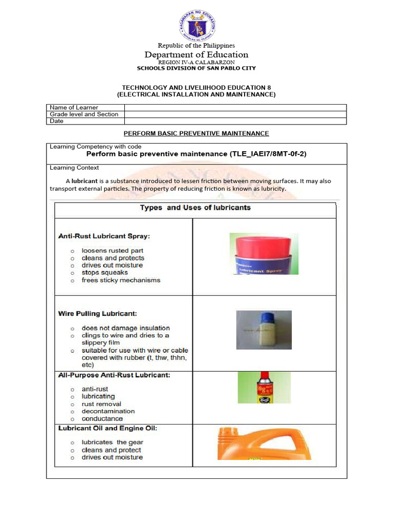 LAS 8 Electrical Installation and Maintenance | PDF | Lubricant | Tools