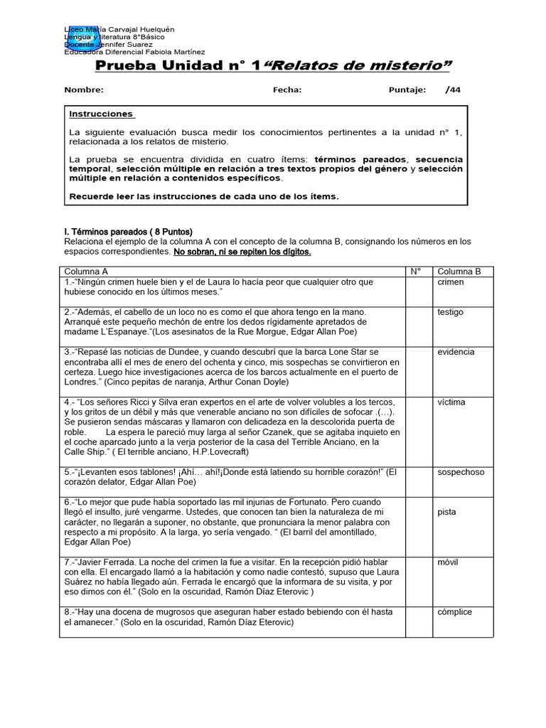 Prueba Unidad I - Relatos de Misterio (8° A) | PDF | Suspense (Género ...