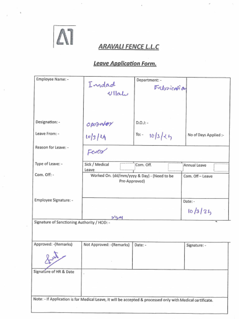 Sick Leave Application. | PDF