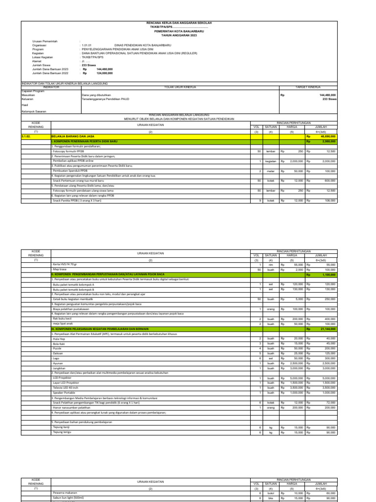 Format Baru Rkas Bop Paud Reguler 2023 | PDF