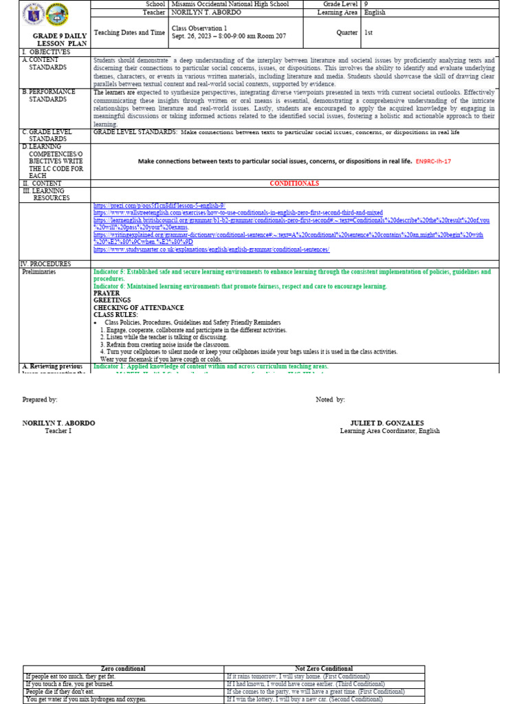 Grade 9 English Lesson Plan: Conditionals | PDF | Learning | Behavior ...