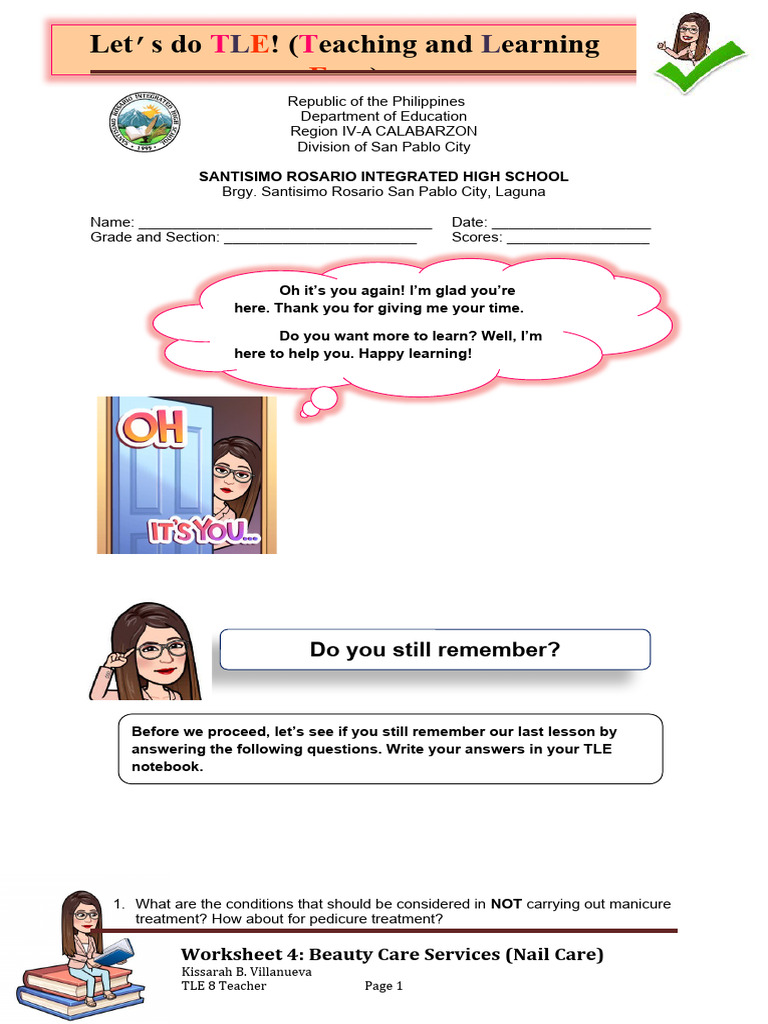 TLE 8 WORKSHEET 4 Nail Care 7/8 | PDF | Nail (Anatomy)