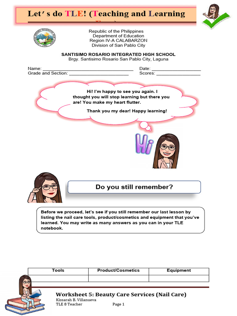 TLE 8 WORKSHEET 5 Nail Care 7/8 | PDF | Disinfectant | Sterilization ...