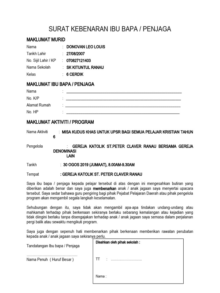 Surat Kebenaran Ibu Bapa | PDF