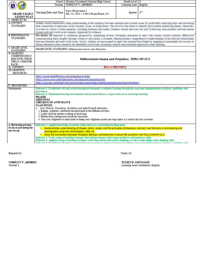 Bias and Prejudice Lesson Plan | PDF | Learning | Thought