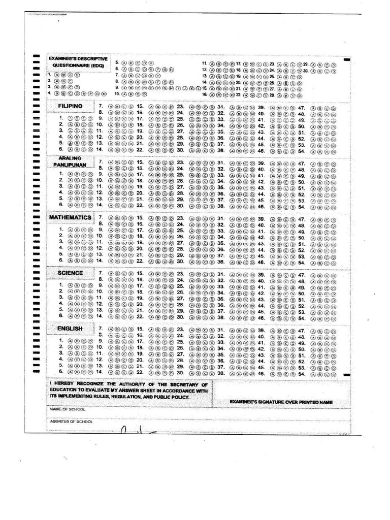 NAT Answer Sheet Grade 6 | PDF