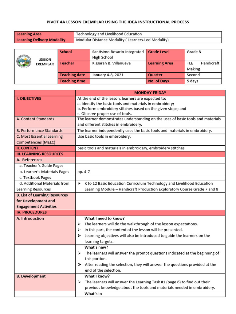 TLE 8 Lesson Exemplar: Embroidery Skills | PDF | Learning | Curriculum