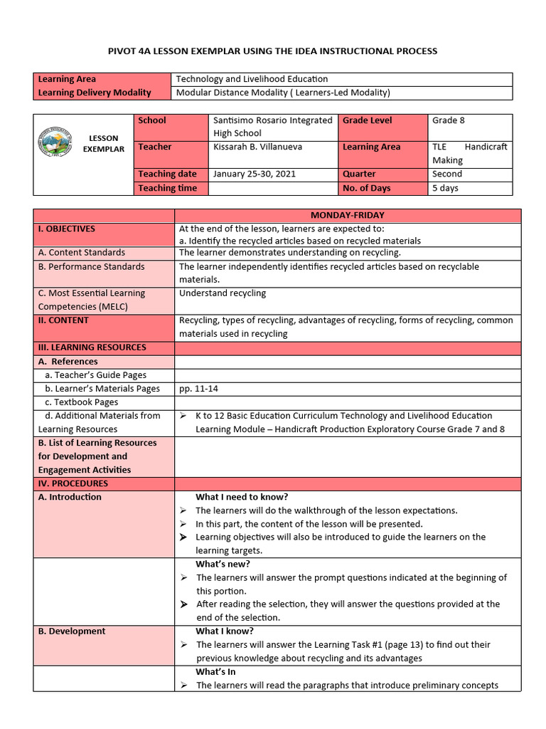 HANDICRAFT MAKING WEEK 4 EXEMPLAR | PDF | Learning | Teachers
