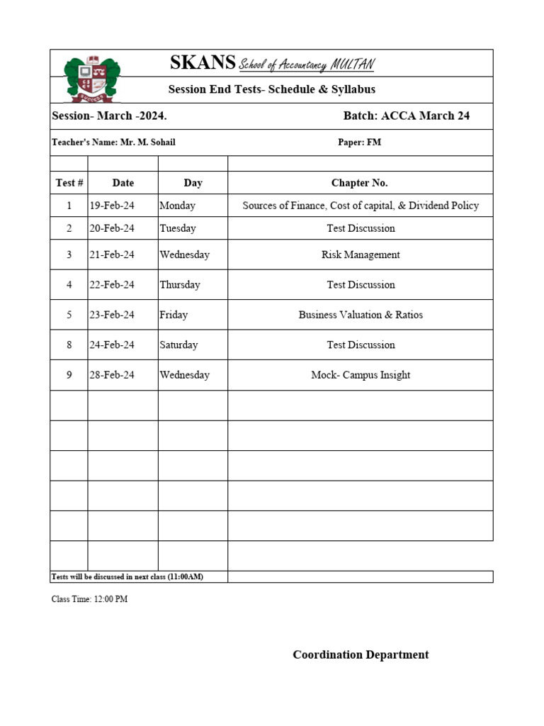 FM Session End Test Schedule | PDF