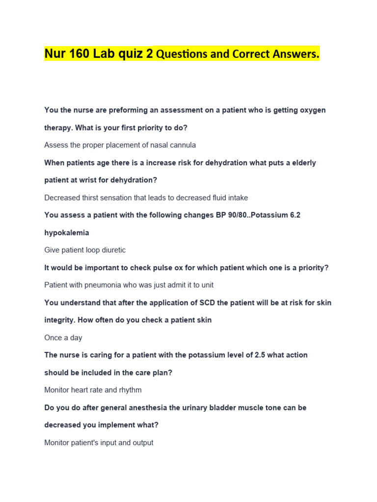 Nur 160 Lab Quiz 2 Questions and Correct Answers | PDF | Clinical Medicine | Medical Specialties