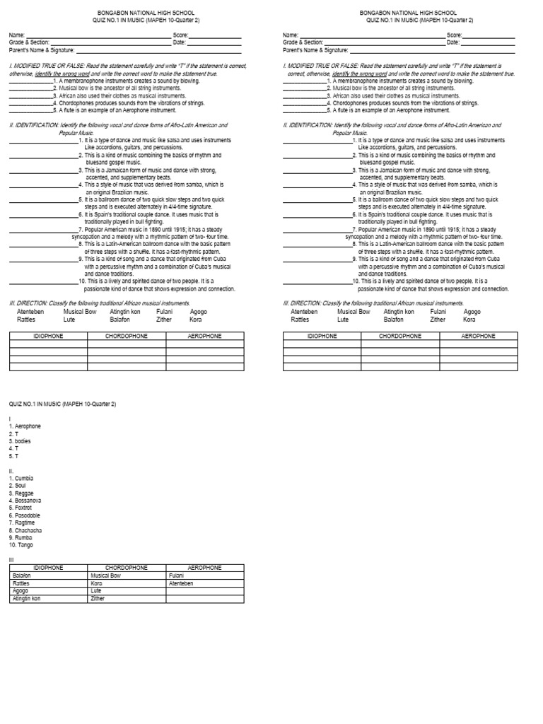 Q2-Music Quiz No.1 - 2 | PDF | Musical Instruments | String Instruments
