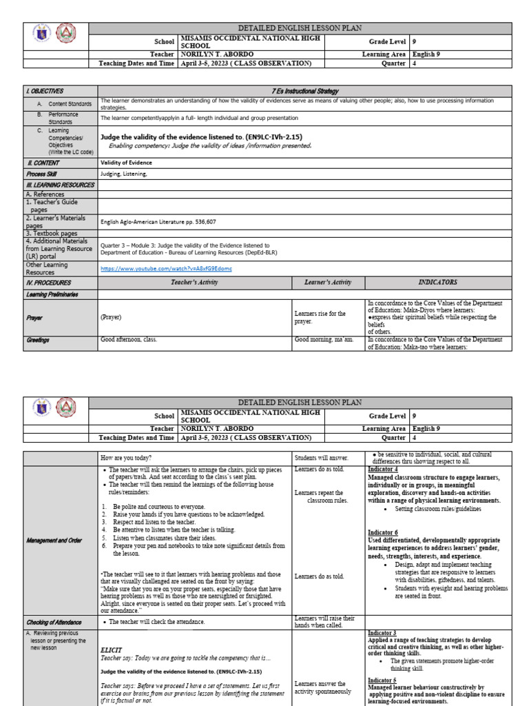 Lesson Plan-Judge The Validity of The Evidence Listened To | PDF | Literacy | Learning