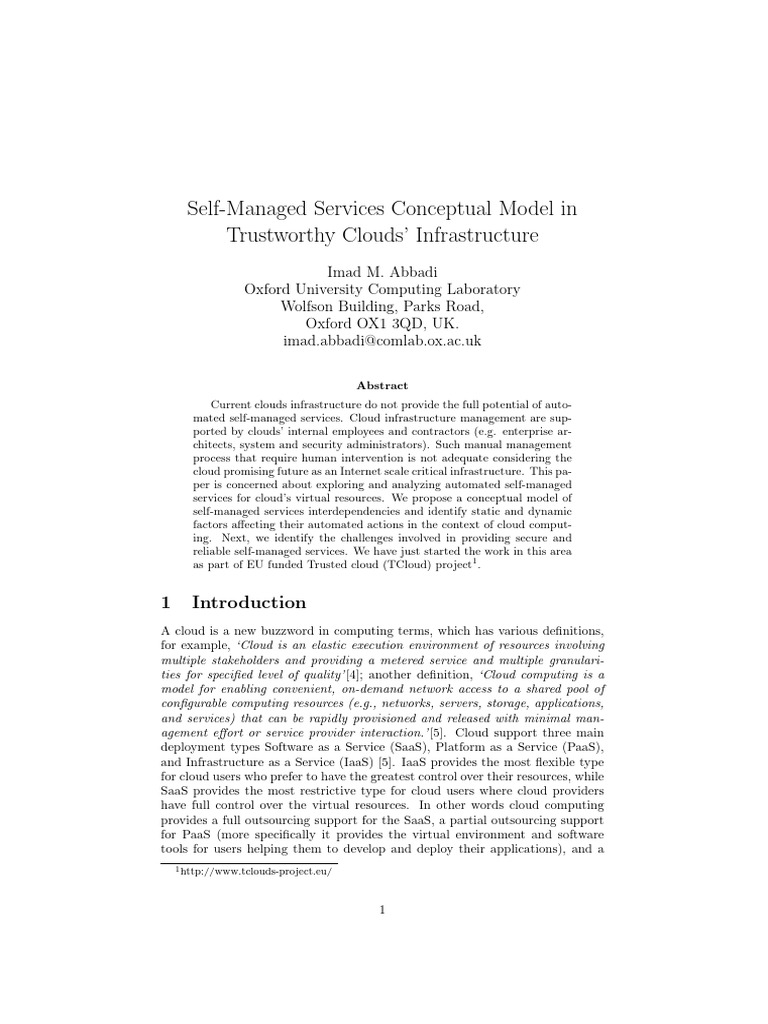 Self-Managed Services Conceptual Model in Trustworthy Clouds' Infrastructure | Download Free PDF ...