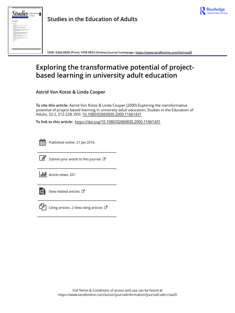Exploring The Transformative Potential of Project Based Learning in University Adult Education ...