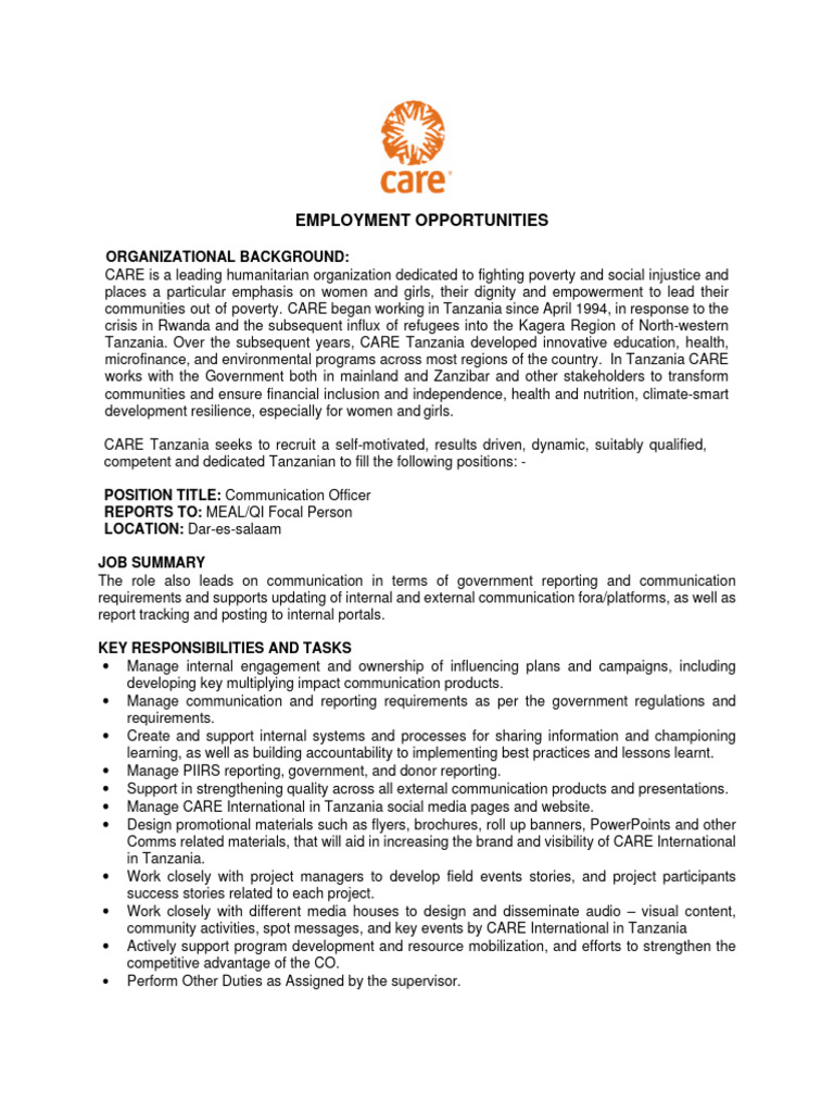 ajiranasi.com-CARE-Tanzania-Vacancies | PDF | Mentorship | Non Governmental Organization