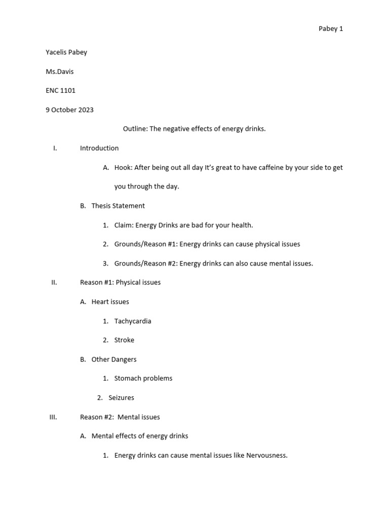 Argument Essay Sample Outline Pdf Caffeine Drink