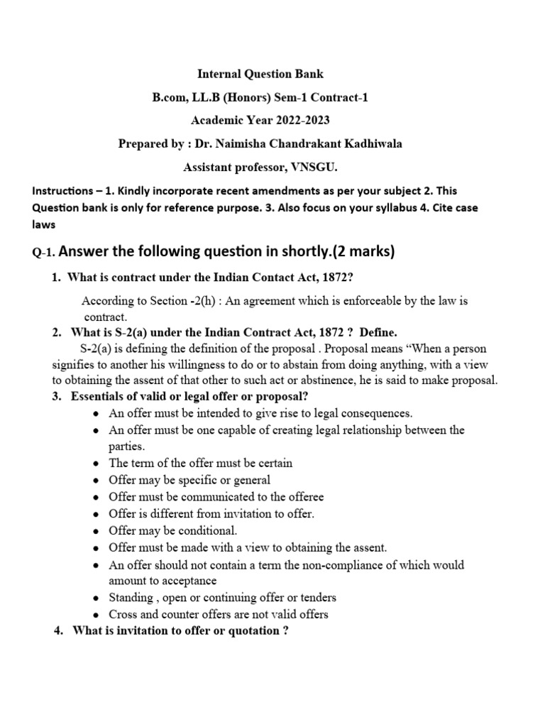 Sem-1 Internal Question Paper Bank-1 | PDF | Damages | Legal Remedy