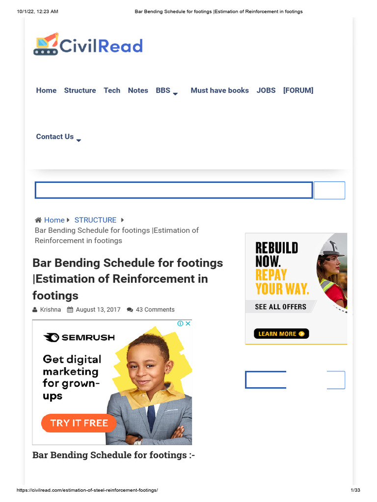 Bar Bending Schedule For Footings - Estimation of Reinforcement in ...