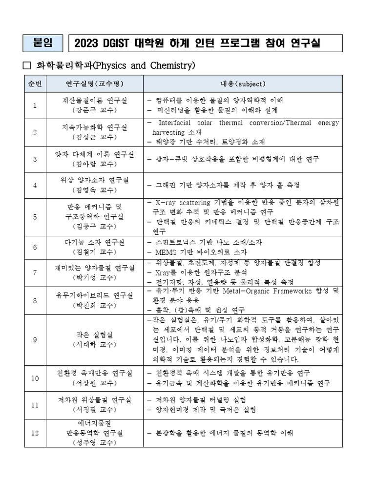 2023_DGIST_대학원_하계_인턴_프로그램_참여_연구실 | PDF