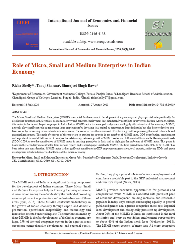 Role Of Micro Small And Medium Enterprises In Indi Pdf Small And