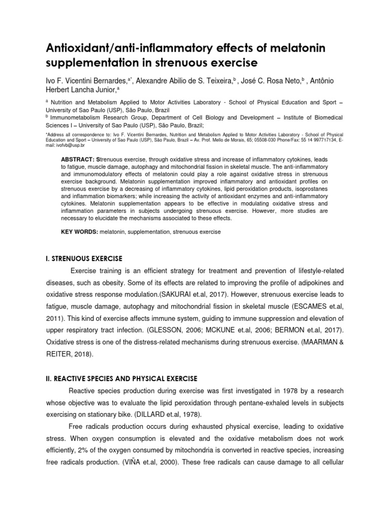 Melatonin and Strenuous Exercise | PDF | Oxidative Stress | Mitochondrion