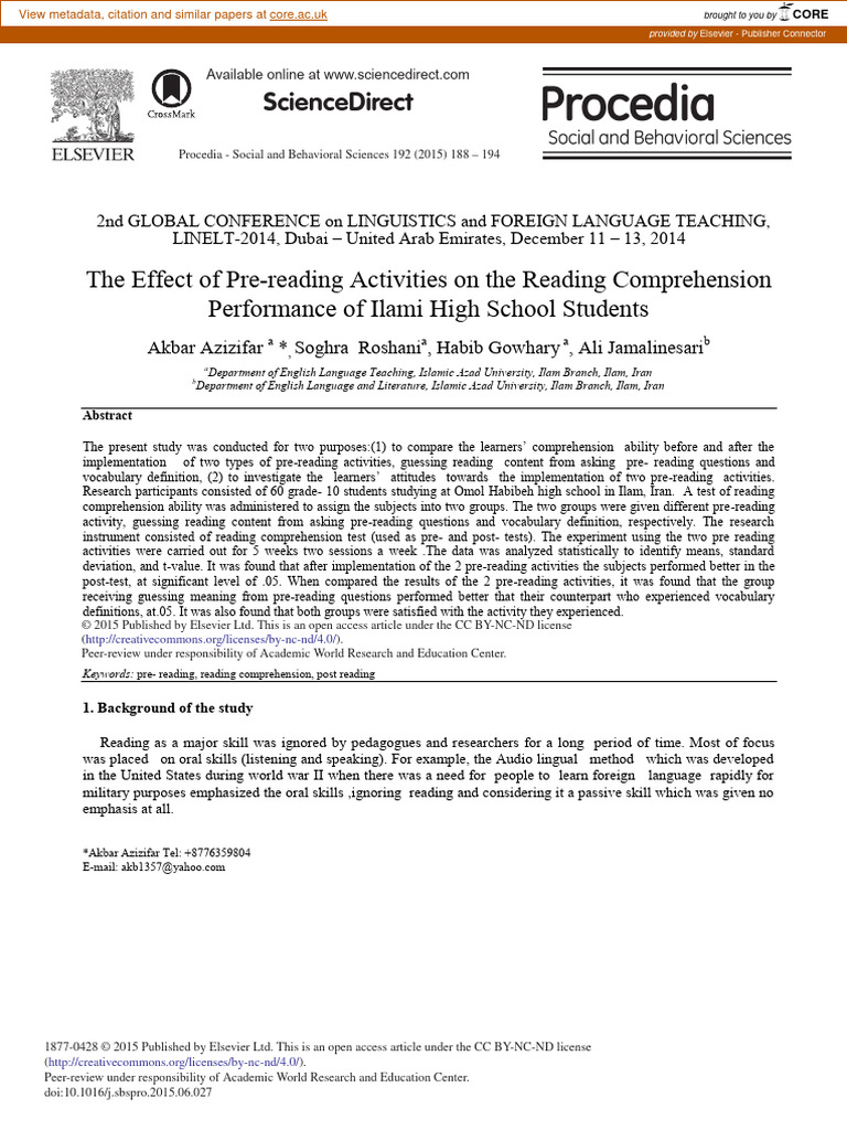 The Effect of Pre-Reading Activities On The Reading Comprehension Performance of Ilami High ...