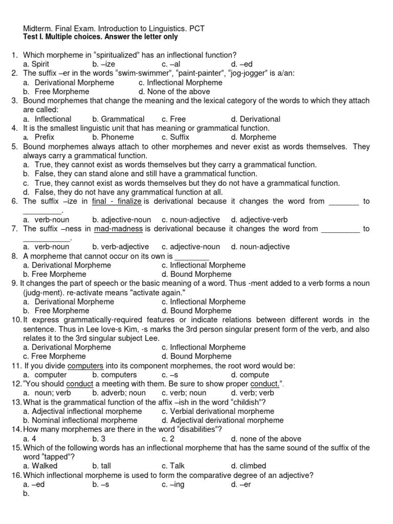 Midterm - Final Exam. PCT. Intro To Ling. Test Final | PDF | Word | Verb