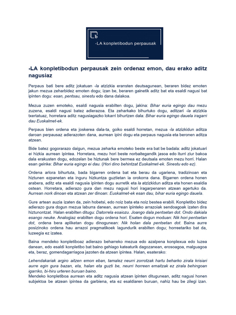 LA Konpletibodun Perpausak Zein Ordenaz Emon, Dau Erako Aditz Nagusiaz | PDF