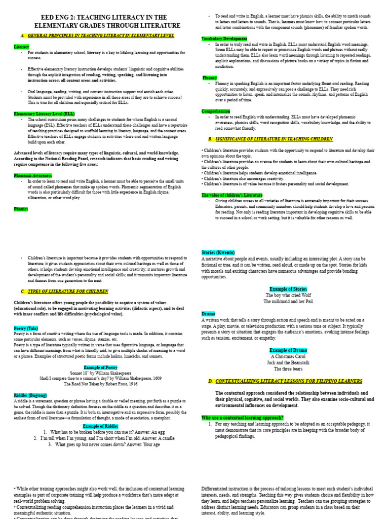 EED ENG 2 Midterm Reviewer | Download Free PDF | Reading Comprehension | Literacy