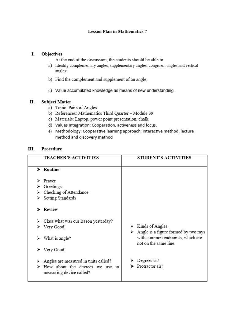 Lesson Plan in Mathematics 7: Identify Complementary Angles ...