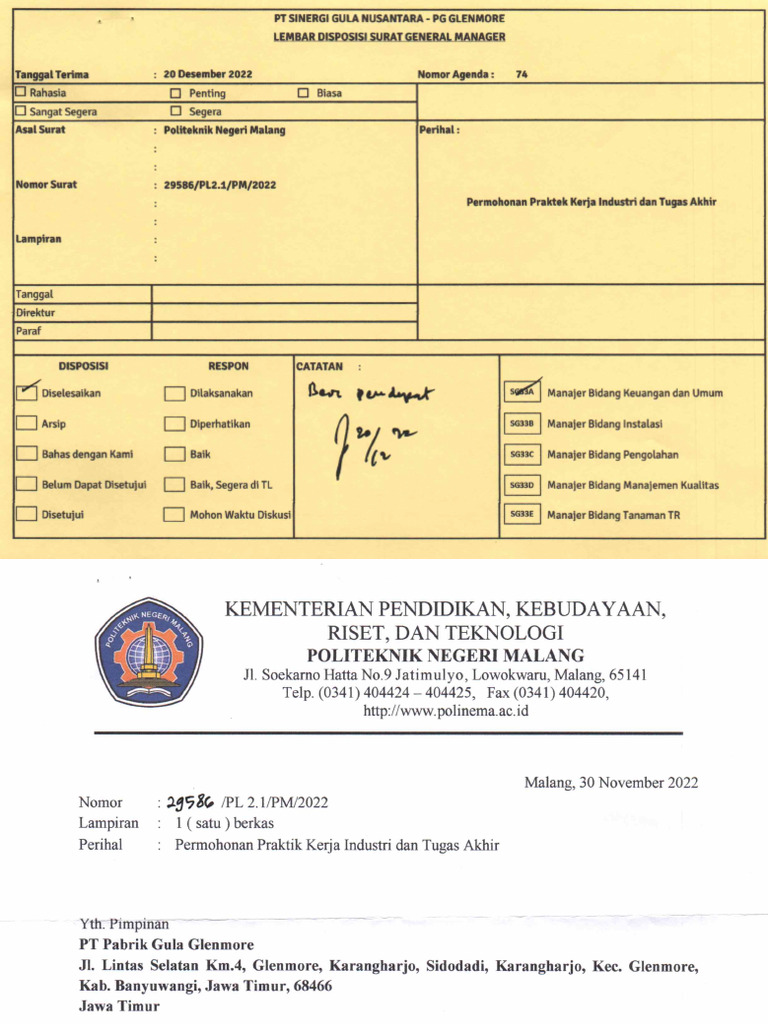 29586-PL2.1-PM-2022 Poleteknik Negeri Malang Permohonan PKL | PDF