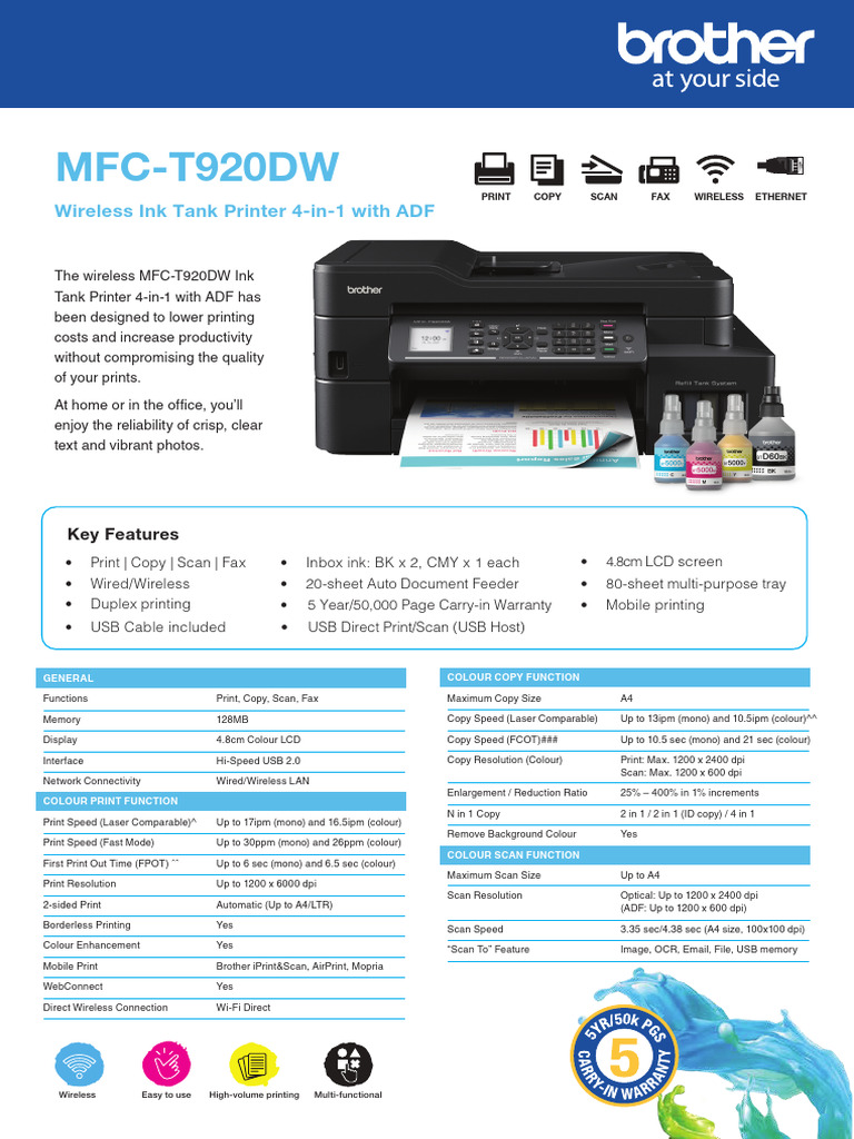 Brother MFC T920DW Data Sheet | Download Free PDF | Image Scanner ...