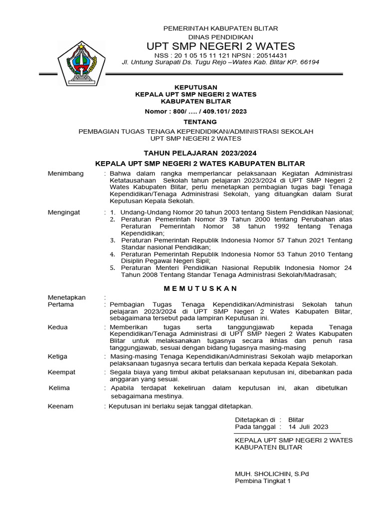 SK Pembagian Tugas Tu | PDF