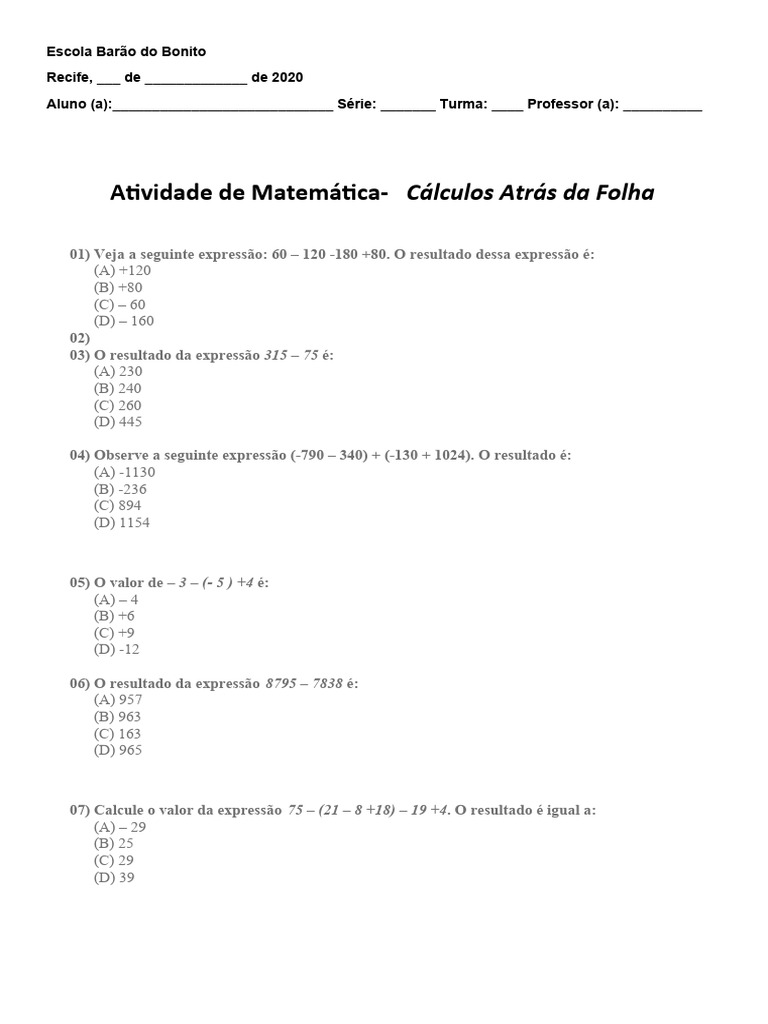 Atividade De Matematica 8o Ano Pdf Matemática