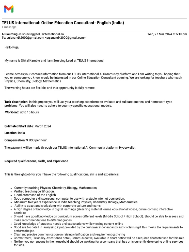 Gmail - TELUS International - Online Education Consultant - English ...