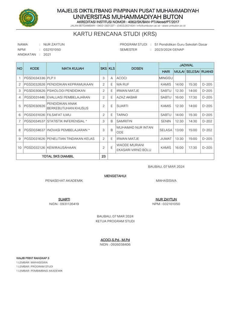 Kartu Rencana Studi - 032101050 | PDF