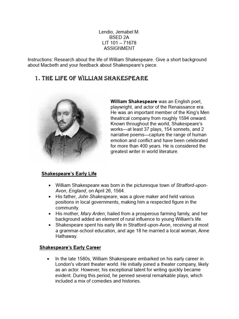 The Life of Shakespeare Lendio Jemabel Lit 101 | PDF | William ...