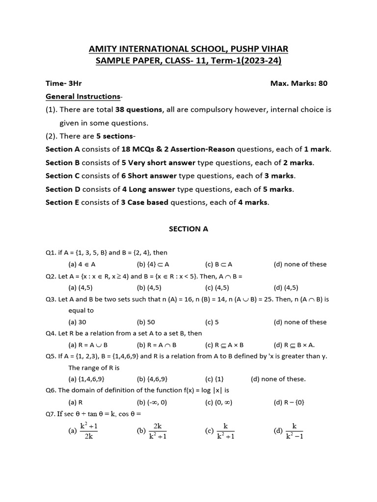 Amity International School, Pushp Vihar SAMPLE PAPER, CLASS-11, Term-1 (2023-24) | PDF ...