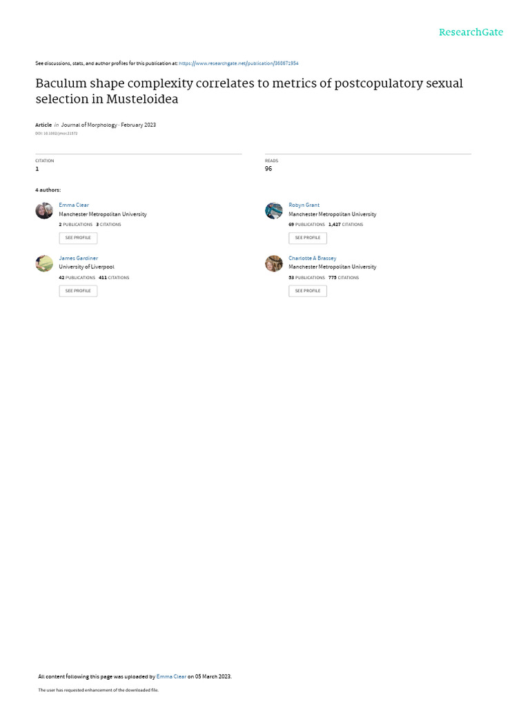 Baculum Shape Complexity Correlate Stometrics of Post Copulatory Sexual Selection | PDF ...