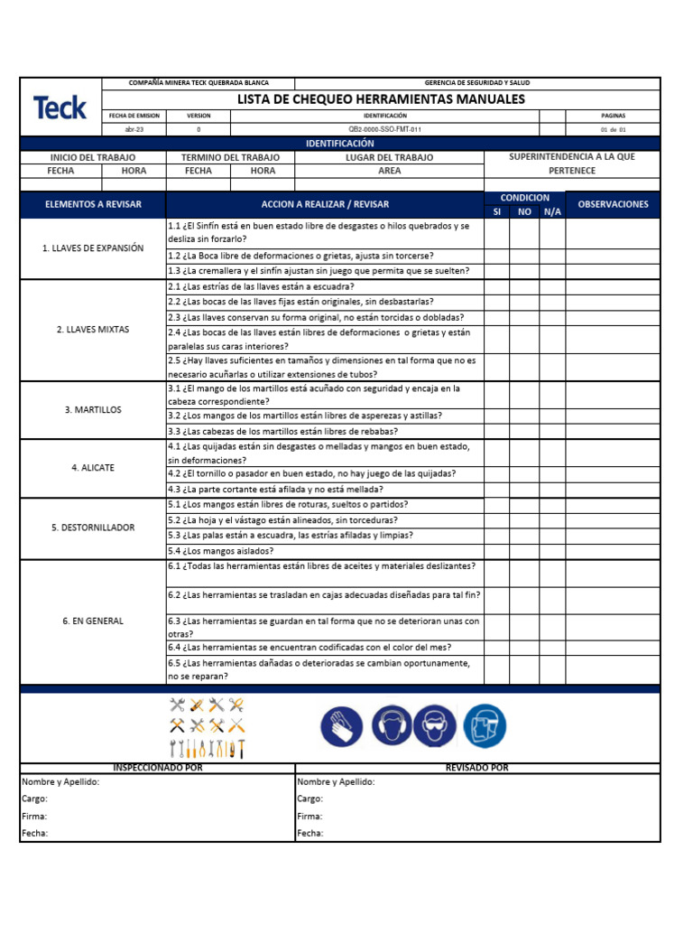 QB2-0000-SSO-FMT-011 Lista de Chequeo Herramientas Manuales | PDF | Herramientas | Metalurgia