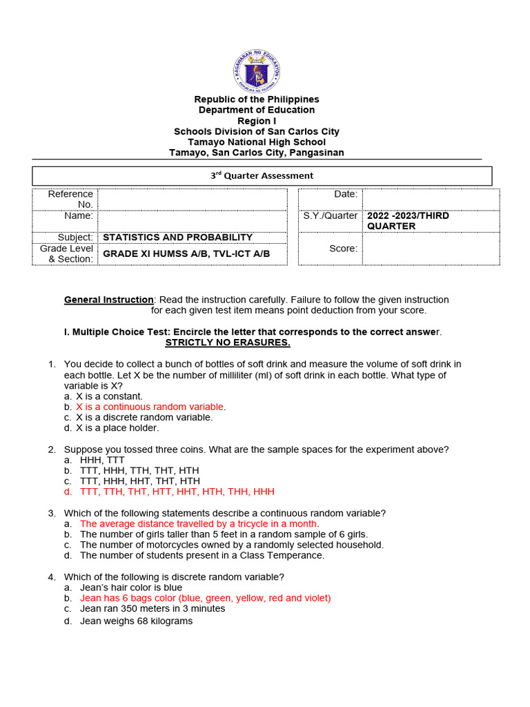 Statistics And Probability Tq Q3 A4 Final Pdf Mean Variance