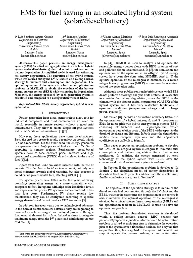EMS For Fuel Saving in An Isolated Hybrid System | Download Free PDF ...