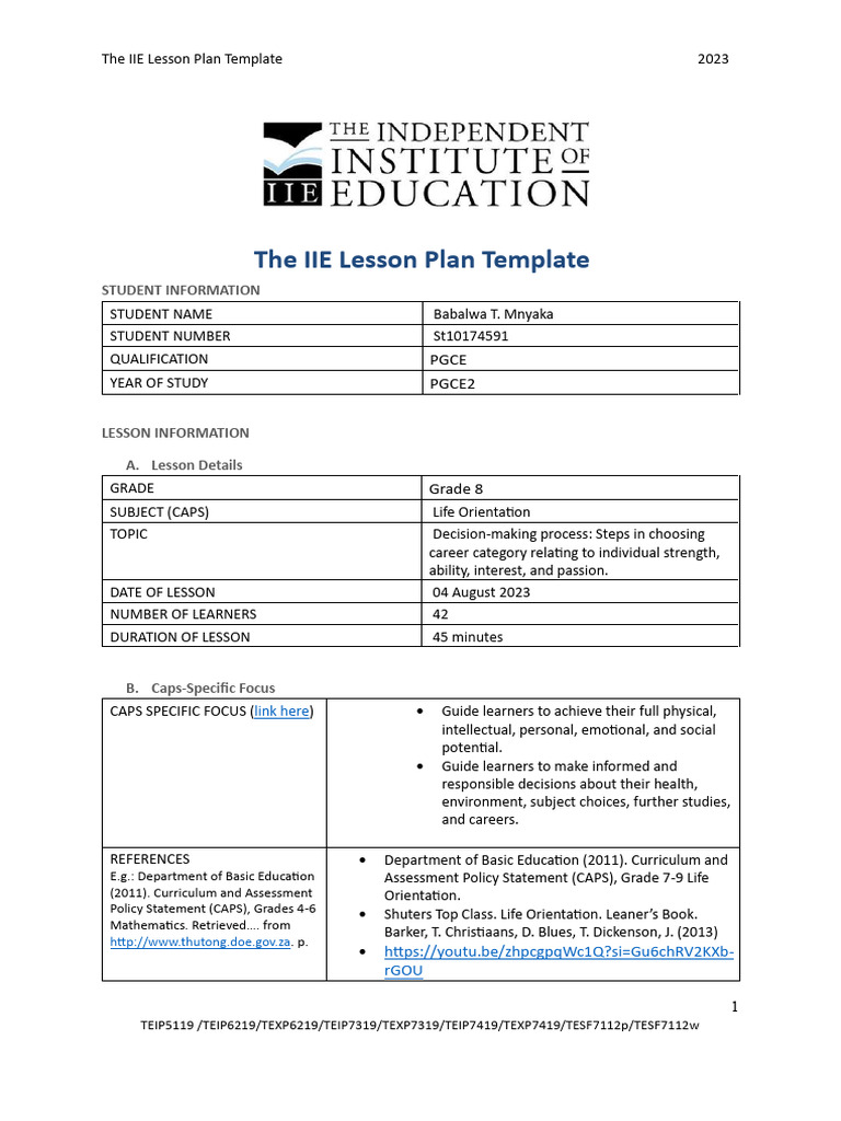 Lesson Plan Grade 8 Decision Making | PDF | Learning | Lesson Plan