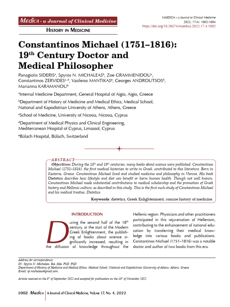 MEDICO Y FILOSOFO DEL SIGLO XIX CONSTANTINOS MICHAEL | PDF | Medicine ...